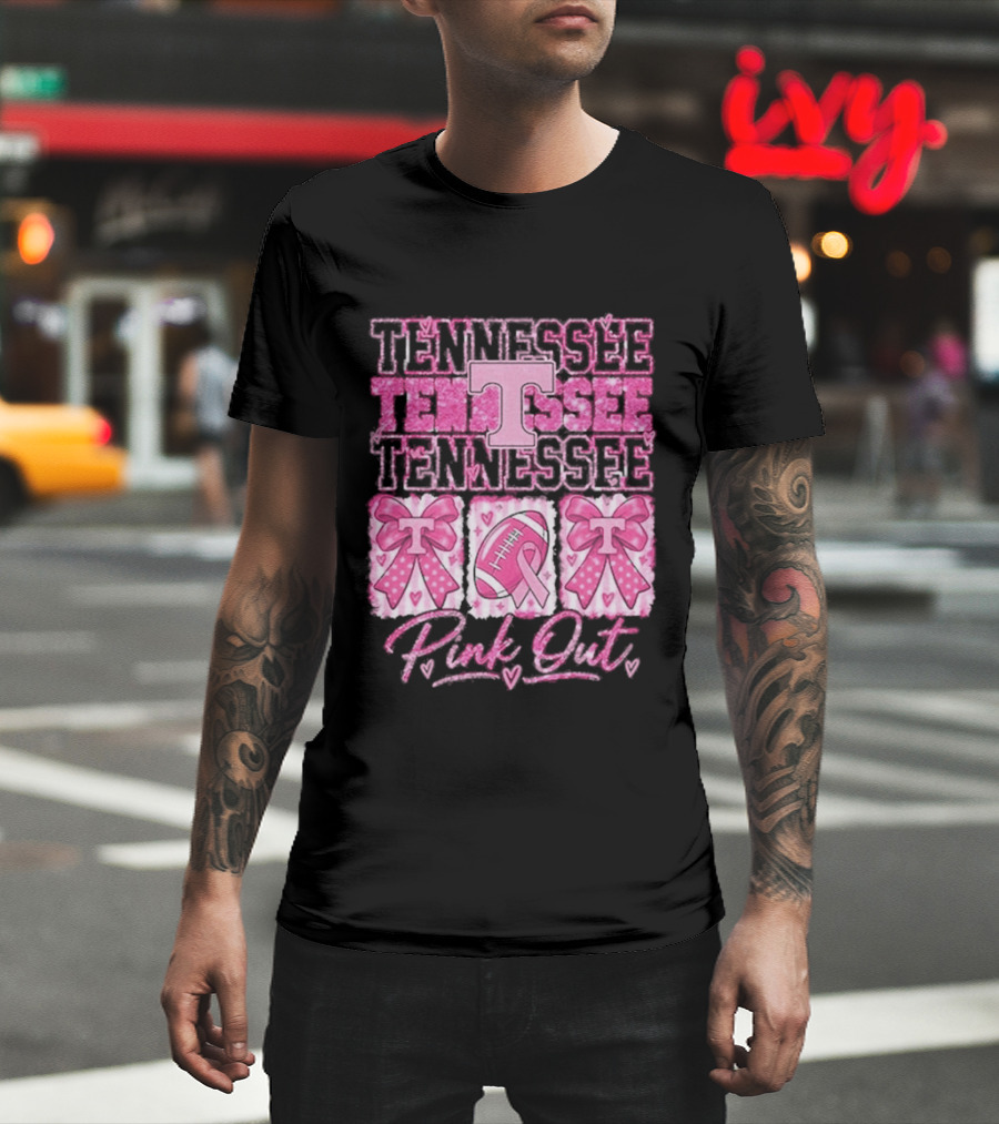 Tennessee Volunteers Pink Out Breast Cancer Awareness Game Day Football Bow Ribbons T-Shirt