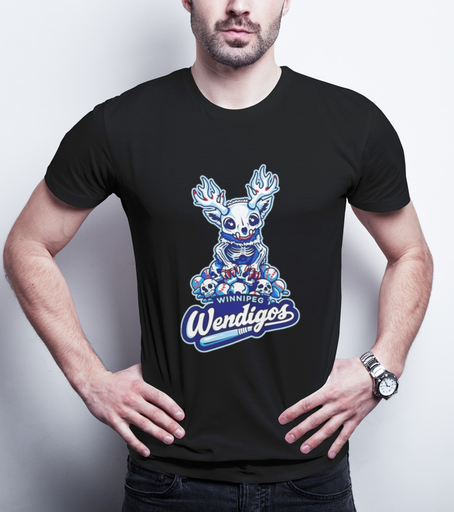 Winnipeg Wendigos Baseball Skull With Antlers And Blue Bats T-Shirt