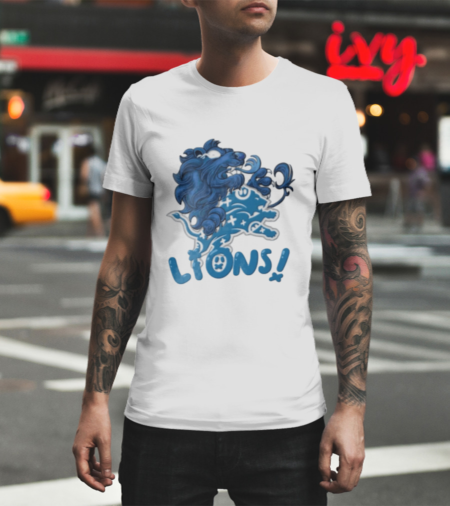 Detroit Lions Blue Lion Roaring Mascot With Playful Lettering T-Shirt