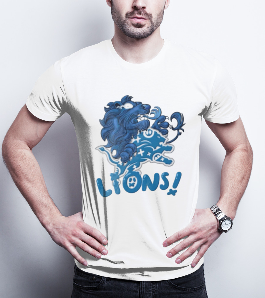 Detroit Lions Blue Lion Roaring Mascot With Playful Lettering T-Shirt