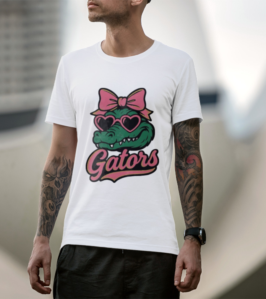 Florida Gators Green Alligator Pink Bow Heart Sunglasses T-Shirt