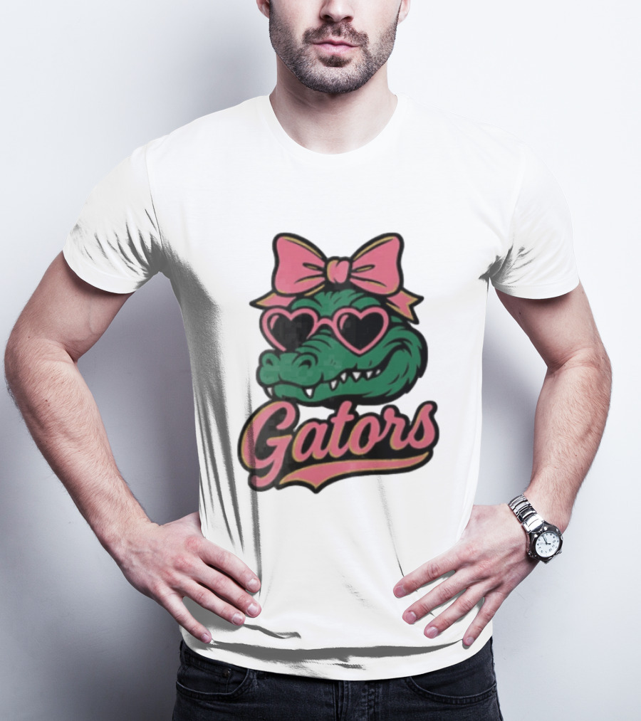 Florida Gators Green Alligator Pink Bow Heart Sunglasses T-Shirt