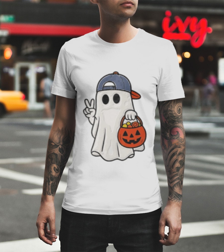 Ghost In Cap With Peace Sign Holding Pumpkin Bucket Halloween T-Shirt