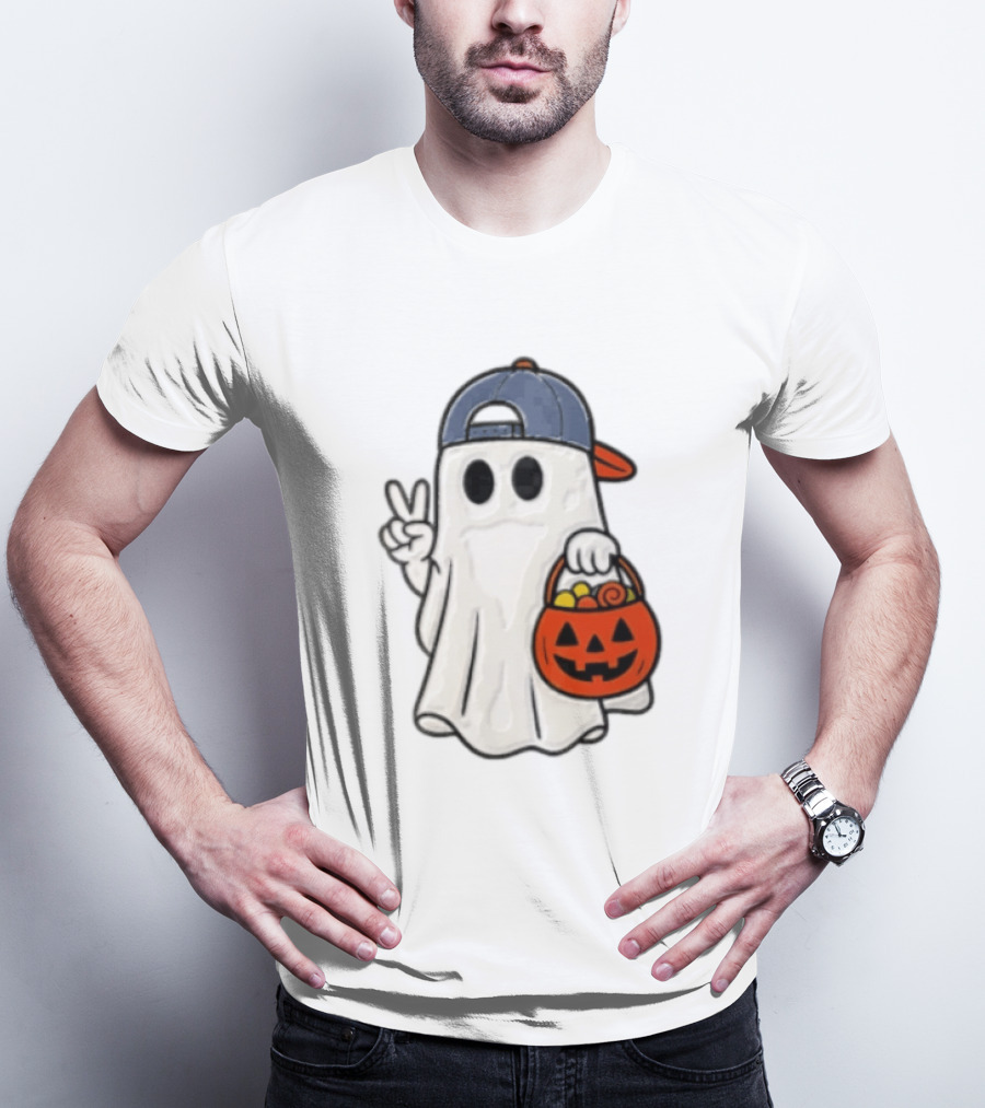 Ghost In Cap With Peace Sign Holding Pumpkin Bucket Halloween T-Shirt