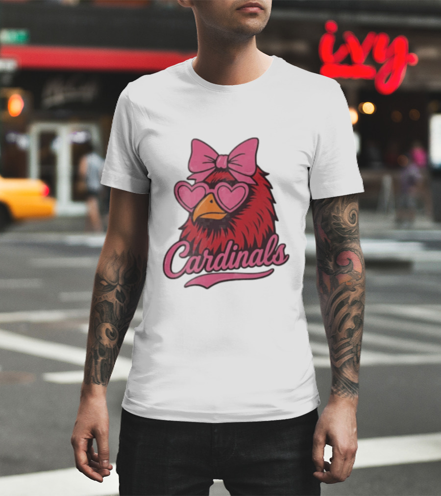 St Louis Cardinals Red Bird Pink Bow Heart Glasses T-Shirt