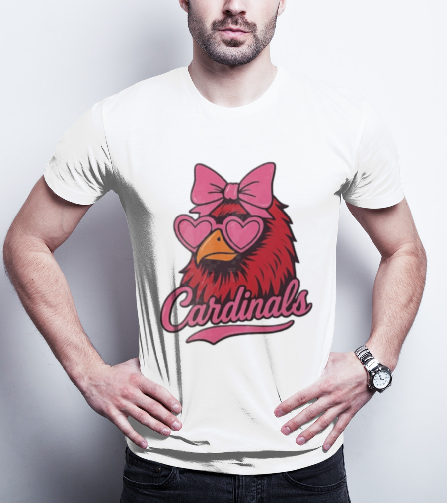 St Louis Cardinals Red Bird Pink Bow Heart Glasses T-Shirt