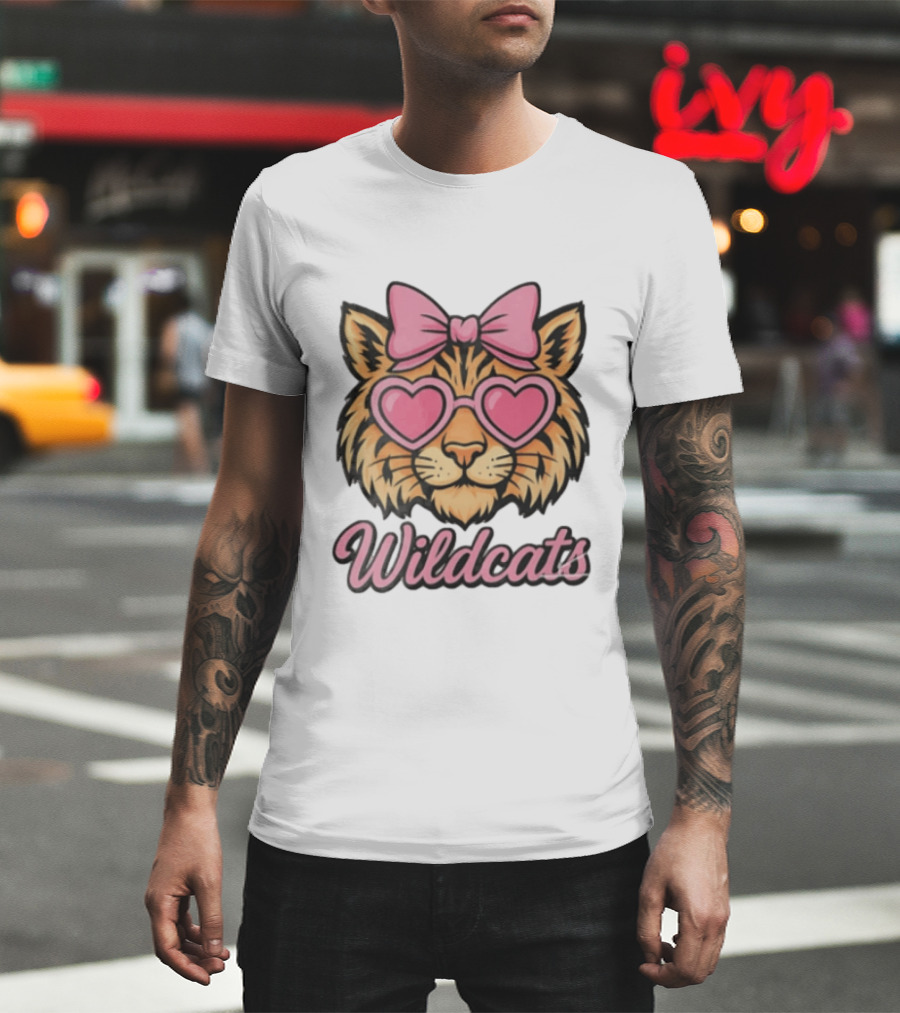 Wildcats Tiger Face Pink Bow Heart Glasses T-Shirt