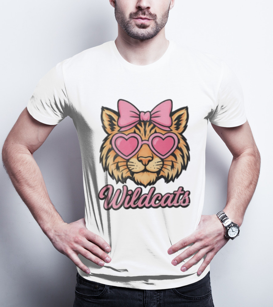 Wildcats Tiger Face Pink Bow Heart Glasses T-Shirt