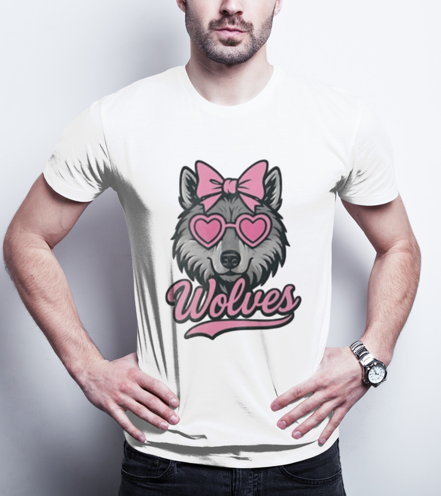 Wolves Wolf Pink Heart Glasses Bow T-Shirt