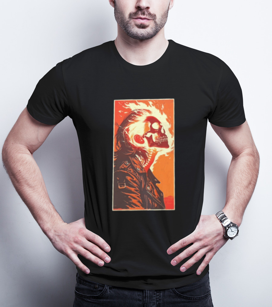 Burnout Flaming Skull Leather Jacket Man Fiery T-Shirt