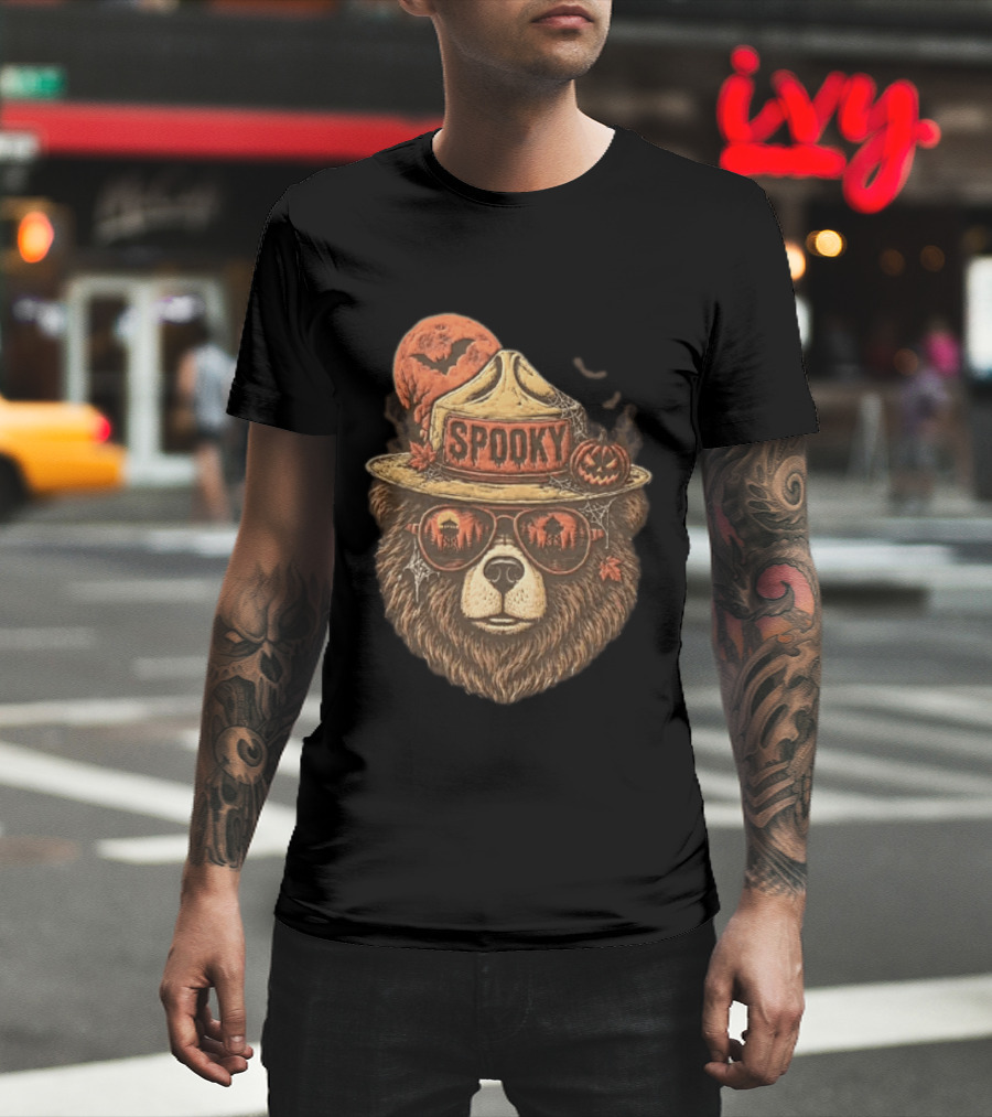 Smokey Bear Spooky Halloween Fire Lookout Forest Ranger Pumpkin Bats T-Shirt