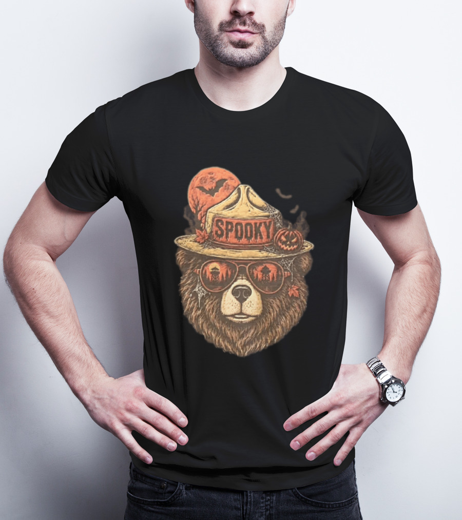 Smokey Bear Spooky Halloween Fire Lookout Forest Ranger Pumpkin Bats T-Shirt
