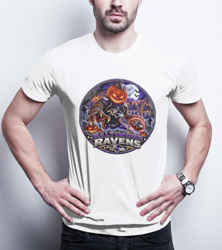 Baltimore Ravens Jack O' Lantern Halloween Football Spooky Night Ravens Stadium Skyline T-Shirt