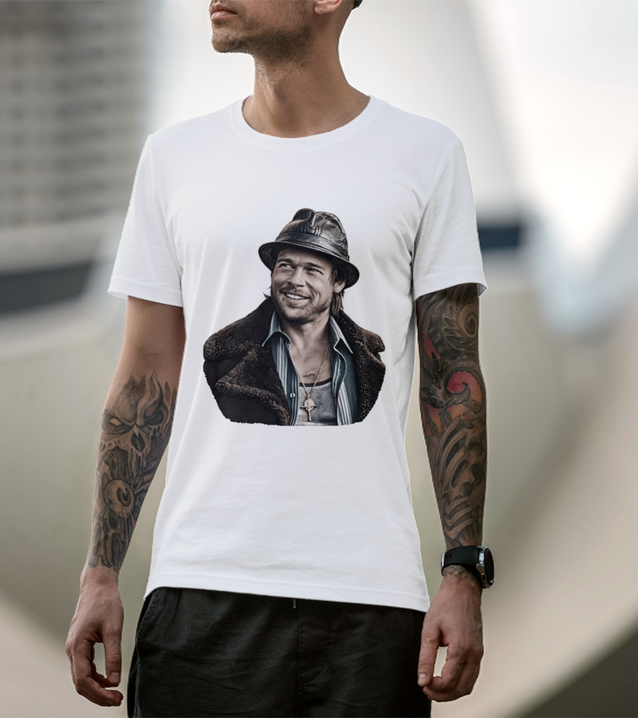 Brad Pitt Leather Jacket And Hat Style Killing Them Softly Jackie Cogan T-Shirt