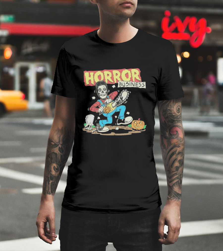 Misfits Horror Business Skeleton With Chainsaw And Pumpkin T-Shirt