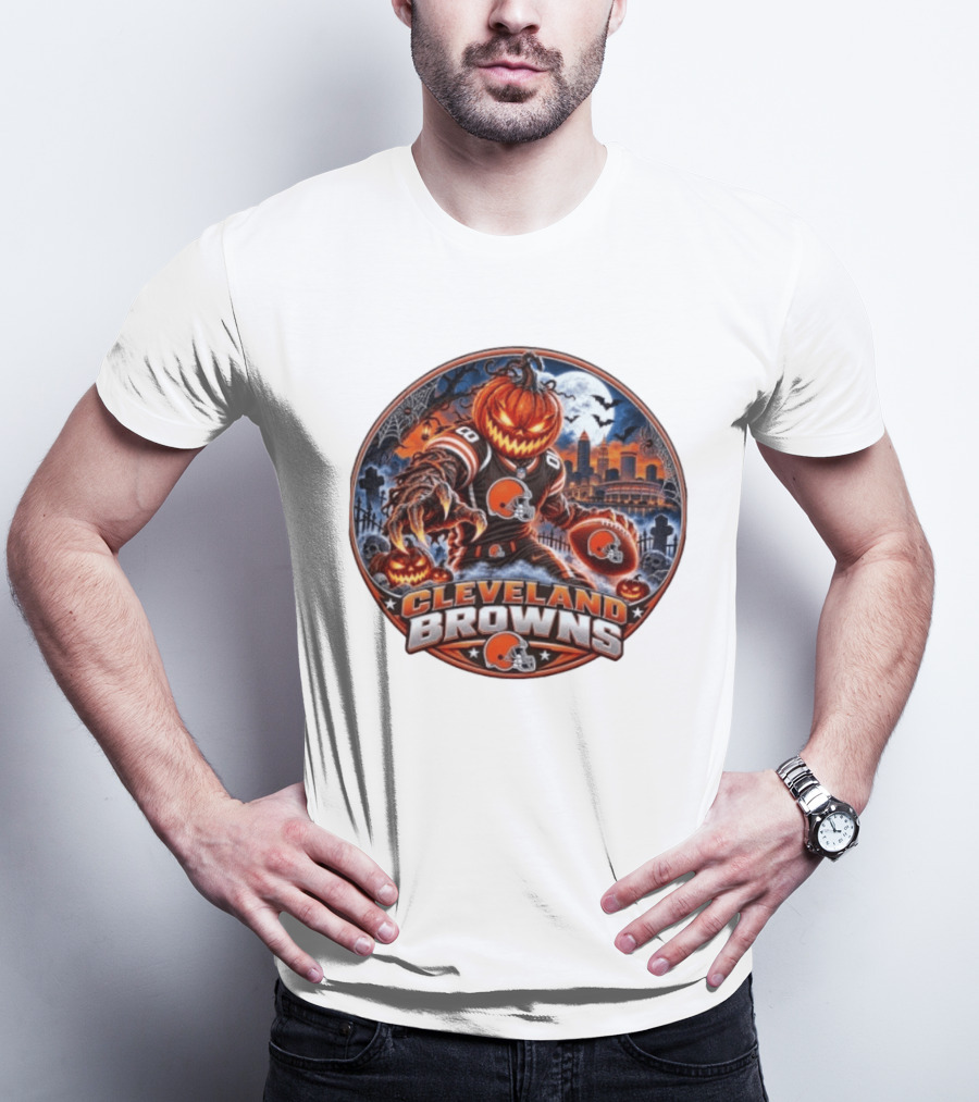 Halloween Jack O' Lantern Cleveland Browns Football Player Spooky Night T-Shirt