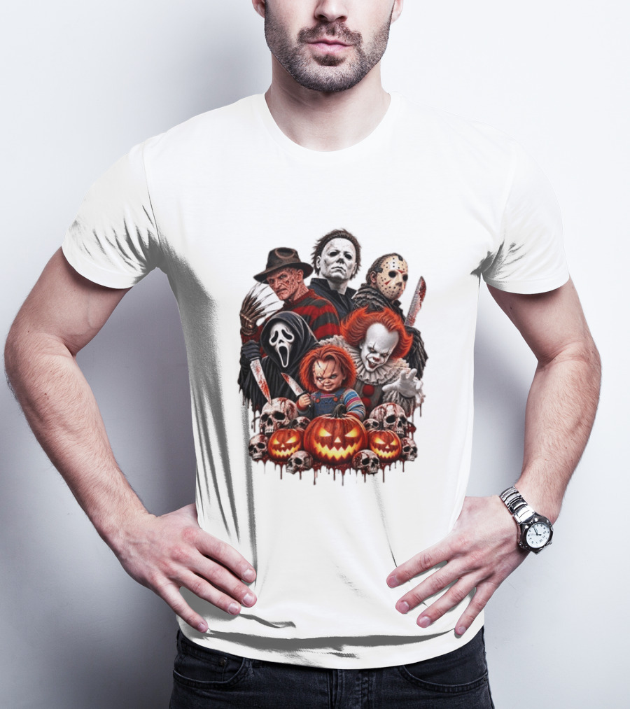 Freddy Krueger Michael Myers Jason Voorhees Ghostface Pennywise Chucky Horror Characters With Skull And Pumpkin Display T-Shirt