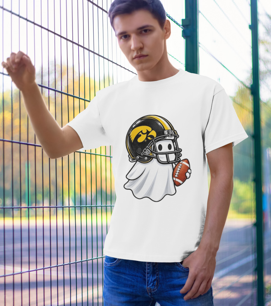 Iowa Hawkeyes Football Ghost Halloween Holding Football T-Shirt