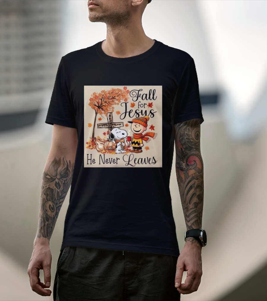 Charlie Brown Snoopy Fall For Jesus He Never Leaves Autumn Scene T-Shirt