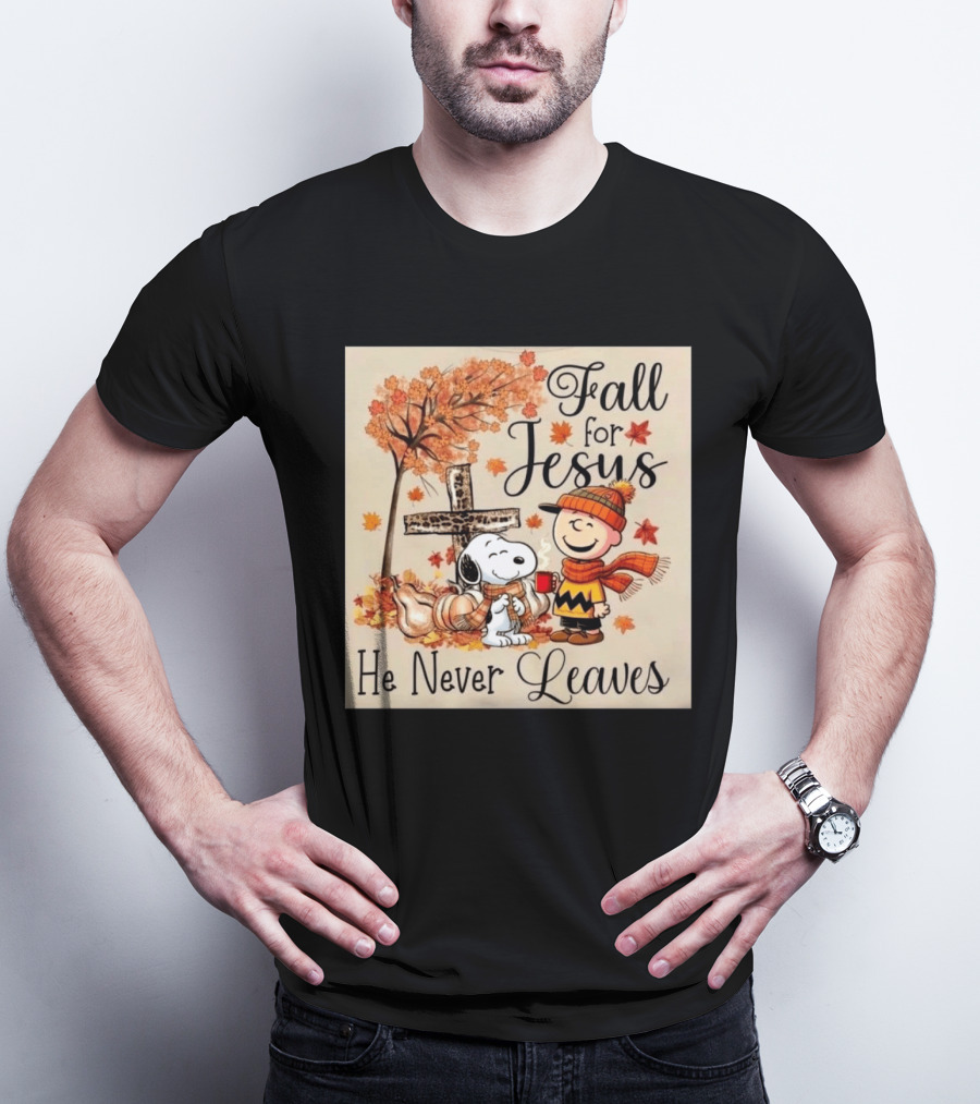 Charlie Brown Snoopy Fall For Jesus He Never Leaves Autumn Scene T-Shirt