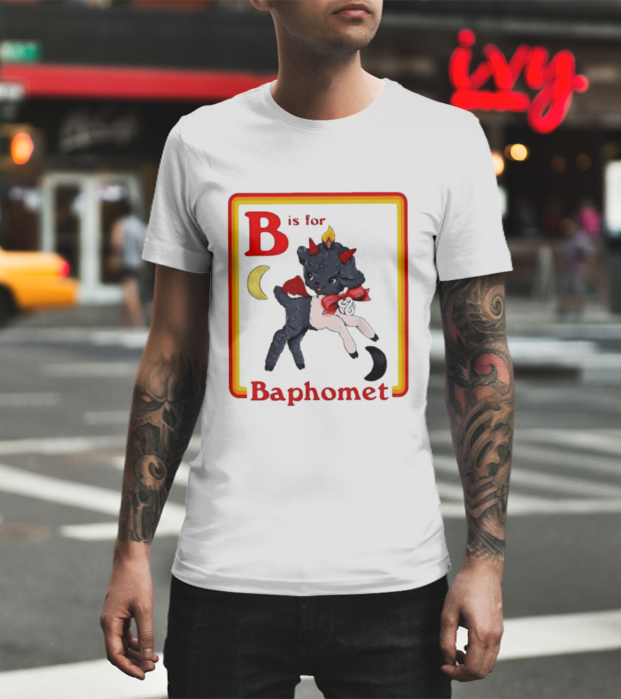 B Is For Baphomet Cartoon Baby Goat Pentacle Moon Horns Flame T-Shirt
