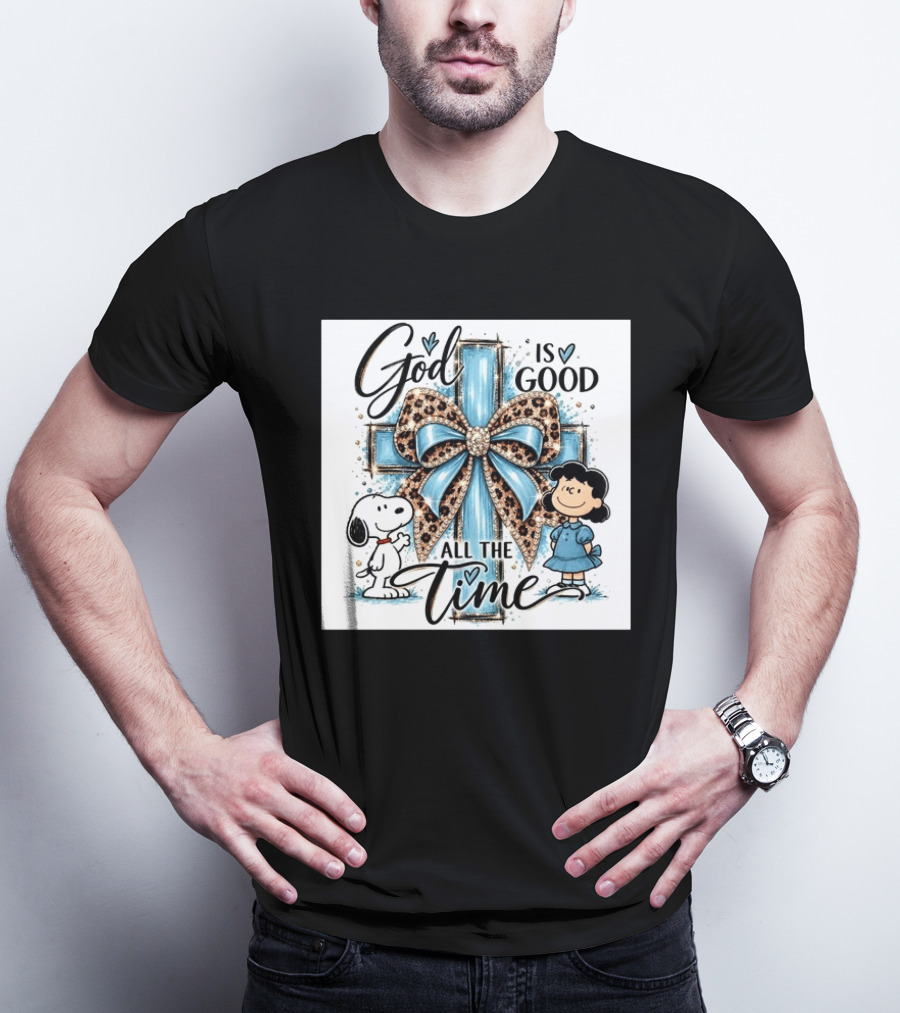 Snoopy And Lucy God Is Good All The Time Blue Cross And Leopard Bow T-Shirt