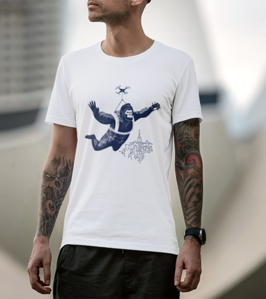 Gorilla Parachuting With Drone Over City Skyline T-Shirt