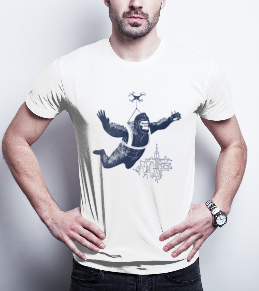 Gorilla Parachuting With Drone Over City Skyline T-Shirt