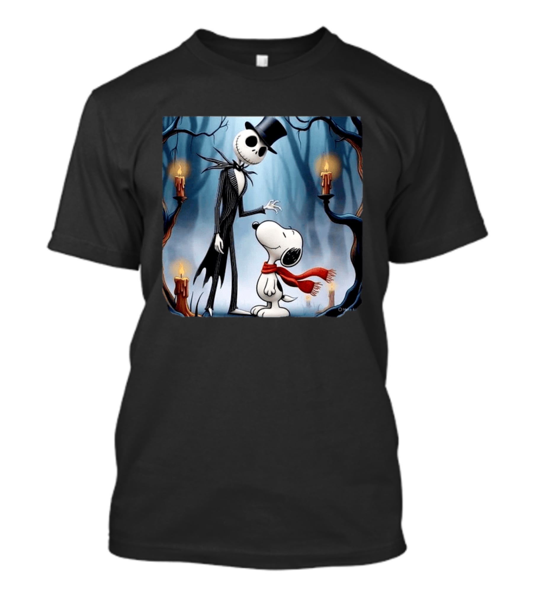 The Nightmare Before Christmas Jack Skellington And Snoopy Candles In Haunted Forest T-Shirt