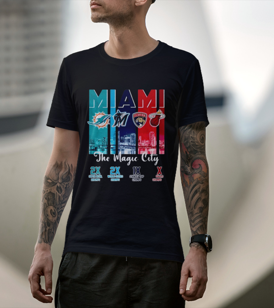 MIAMI The Magic City Dolphins Marlins Panthers Heat Champs T-Shirt