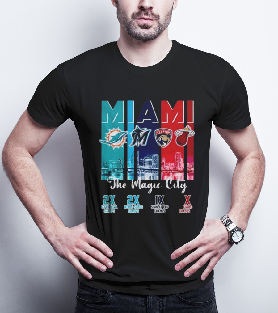 MIAMI The Magic City Dolphins Marlins Panthers Heat Champs T-Shirt