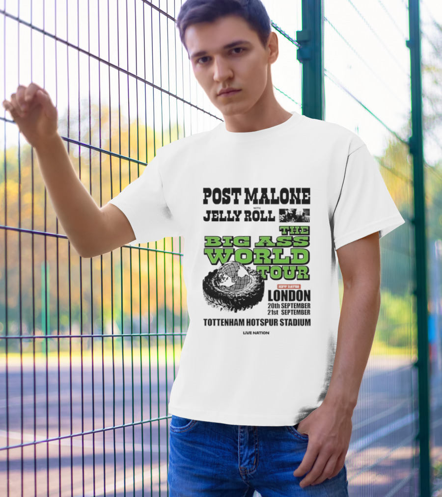 Post Malone Jelly Roll Live Nation The Big Ass World Tour London Tottenham Hotspur Stadium 2023 T-Shirt