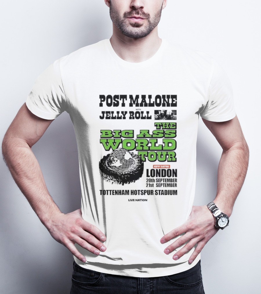 Post Malone Jelly Roll Live Nation The Big Ass World Tour London Tottenham Hotspur Stadium 2023 T-Shirt