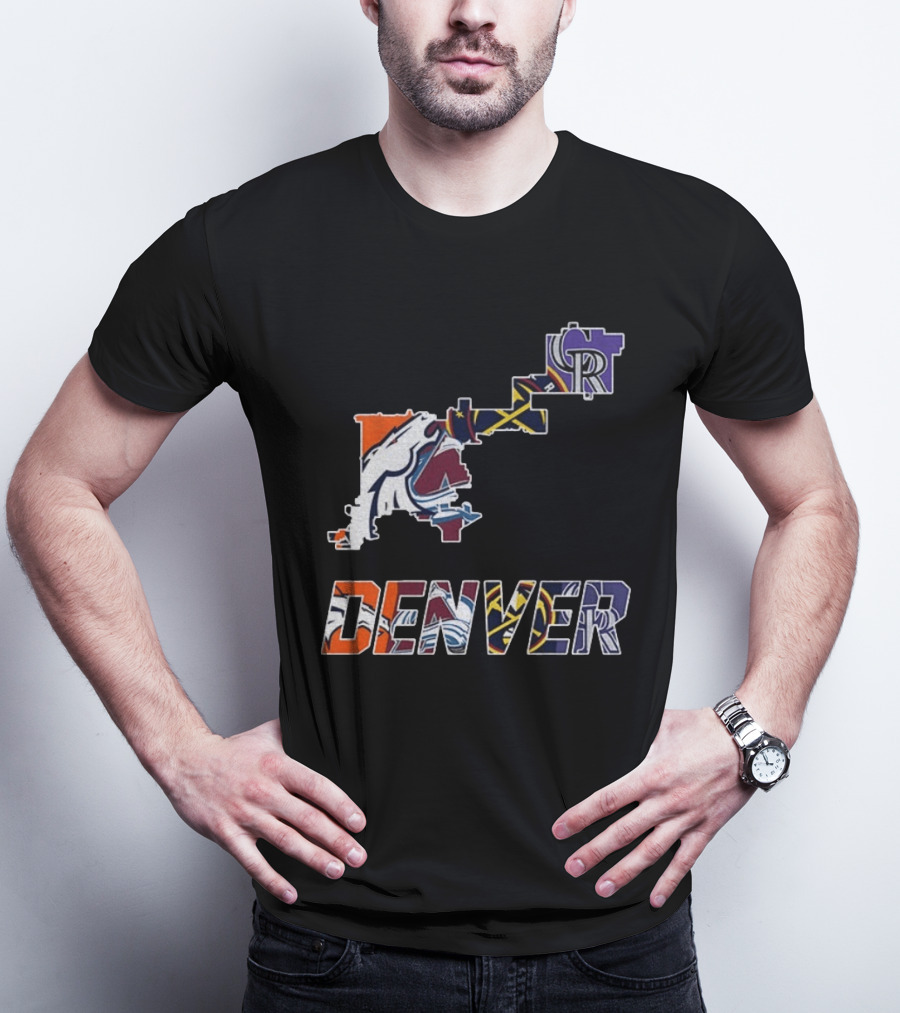 Denver Broncos Nuggets Avalanche Rockies Team Map T-Shirt