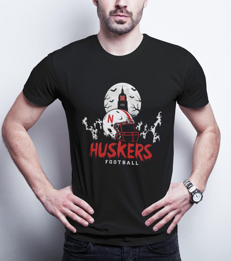 Nebraska Huskers Football Halloween Spooky Helmet Bats Moon 2026 T-Shirt