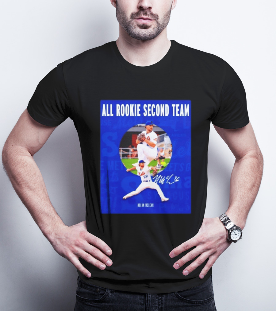 Nolan McLean No 22 Mets All Rookie Second Team Signature Pitching Action T-Shirt