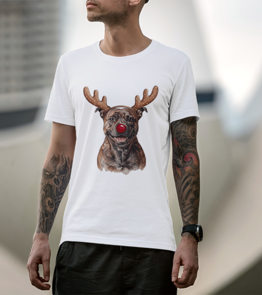 Brindle Pit Bull With Reindeer Antlers And Red Nose T-Shirt