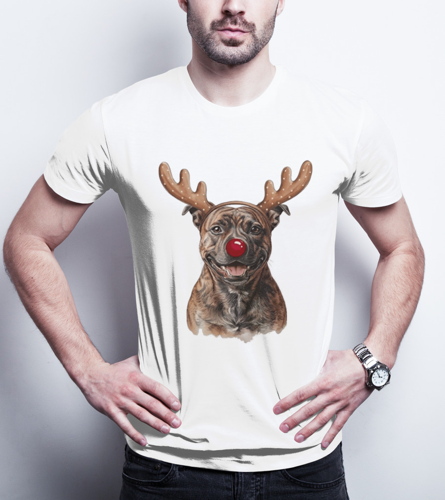 Brindle Pit Bull With Reindeer Antlers And Red Nose T-Shirt