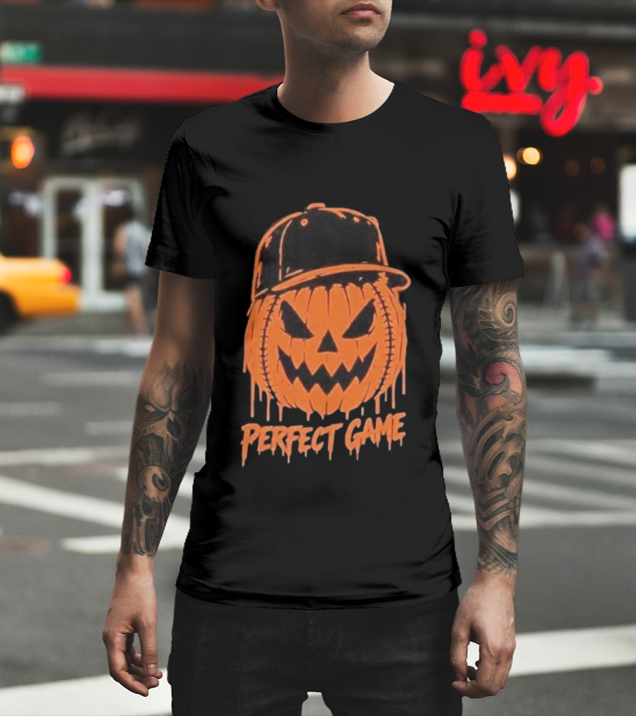 Perfect Game Halloween Pumpkin Baseball Hat Creepy Face T-Shirt