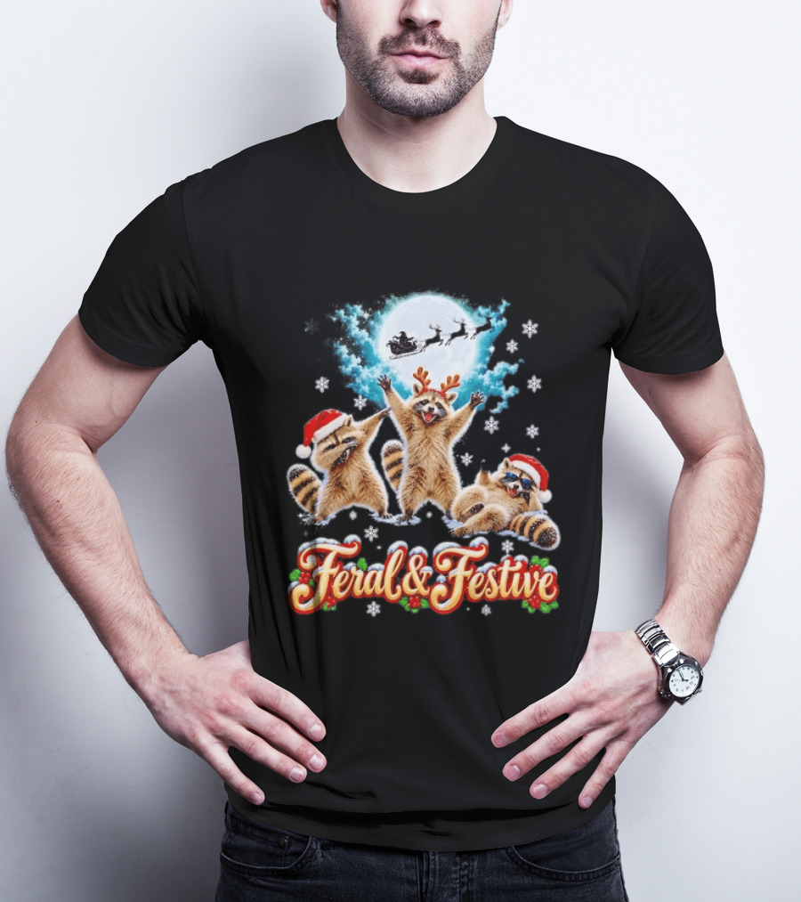 Feral And Festive Raccoons Christmas Holiday Santa And Reindeer T-Shirt
