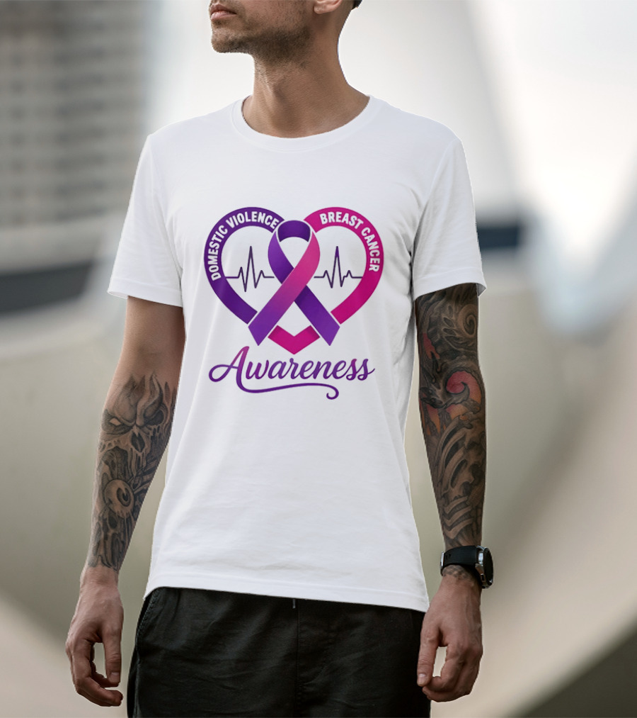 Domestic Violence And Breast Cancer Awareness Heart Ribbon Purple Pink T-Shirt
