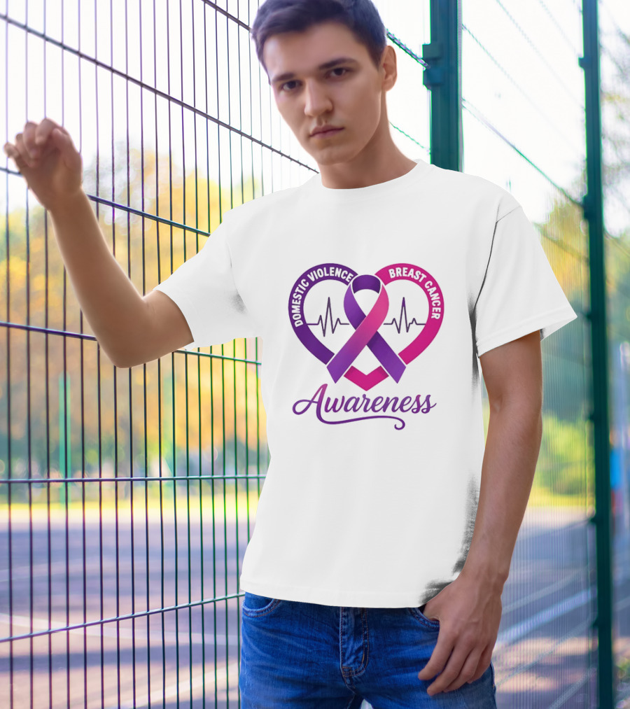 Domestic Violence And Breast Cancer Awareness Heart Ribbon Purple Pink T-Shirt