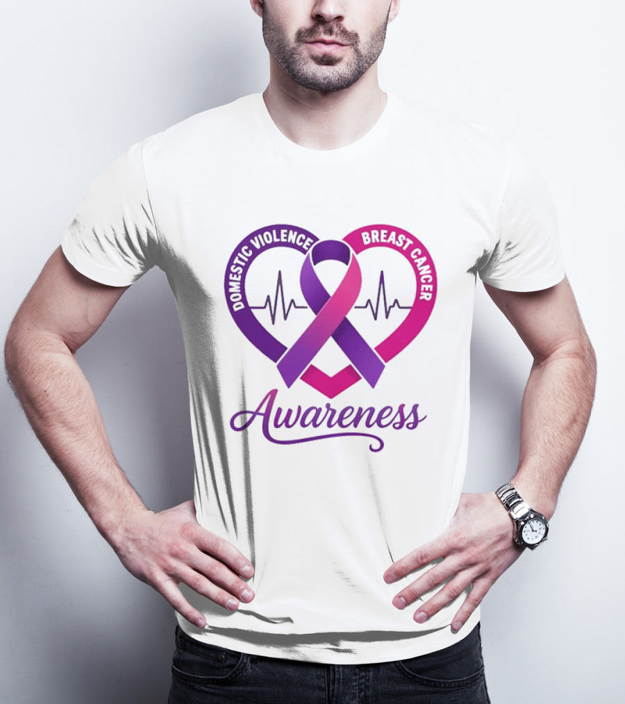 Domestic Violence And Breast Cancer Awareness Heart Ribbon Purple Pink T-Shirt
