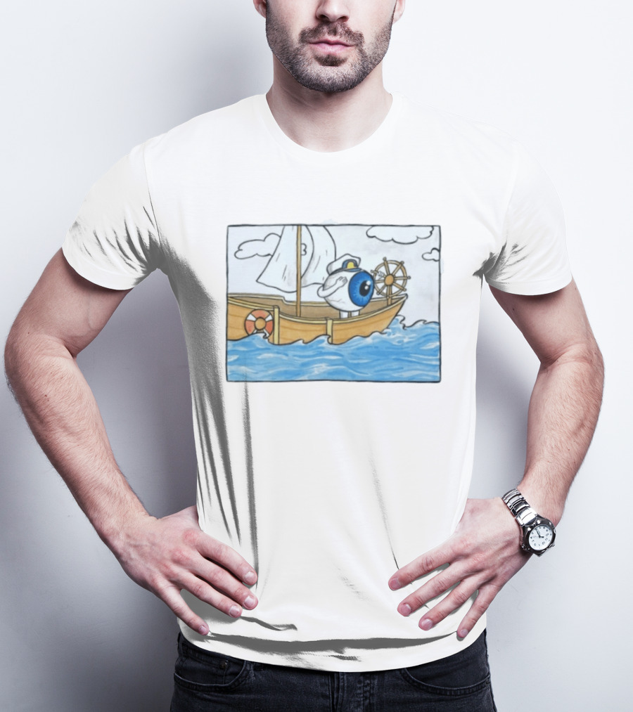 Eye Eye Captain Cartoon Eyeball Sailor Steering Ship Ocean Waves T-Shirt