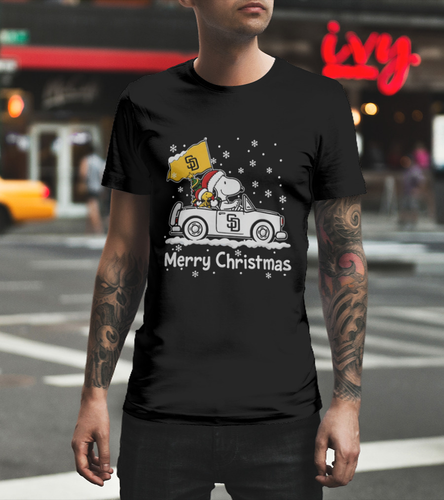 Snoopy And Woodstock Driving San Diego Padres Car Merry Christmas 2026 T-Shirt