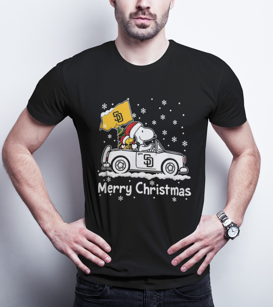 Snoopy And Woodstock Driving San Diego Padres Car Merry Christmas 2026 T-Shirt