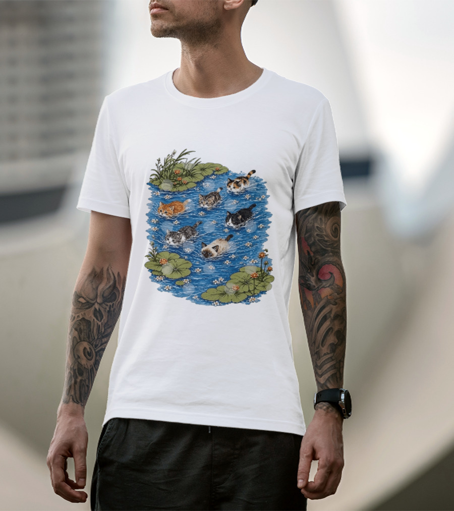 Kittens Swimming Among Water Lilies In Pond Scene T-Shirt