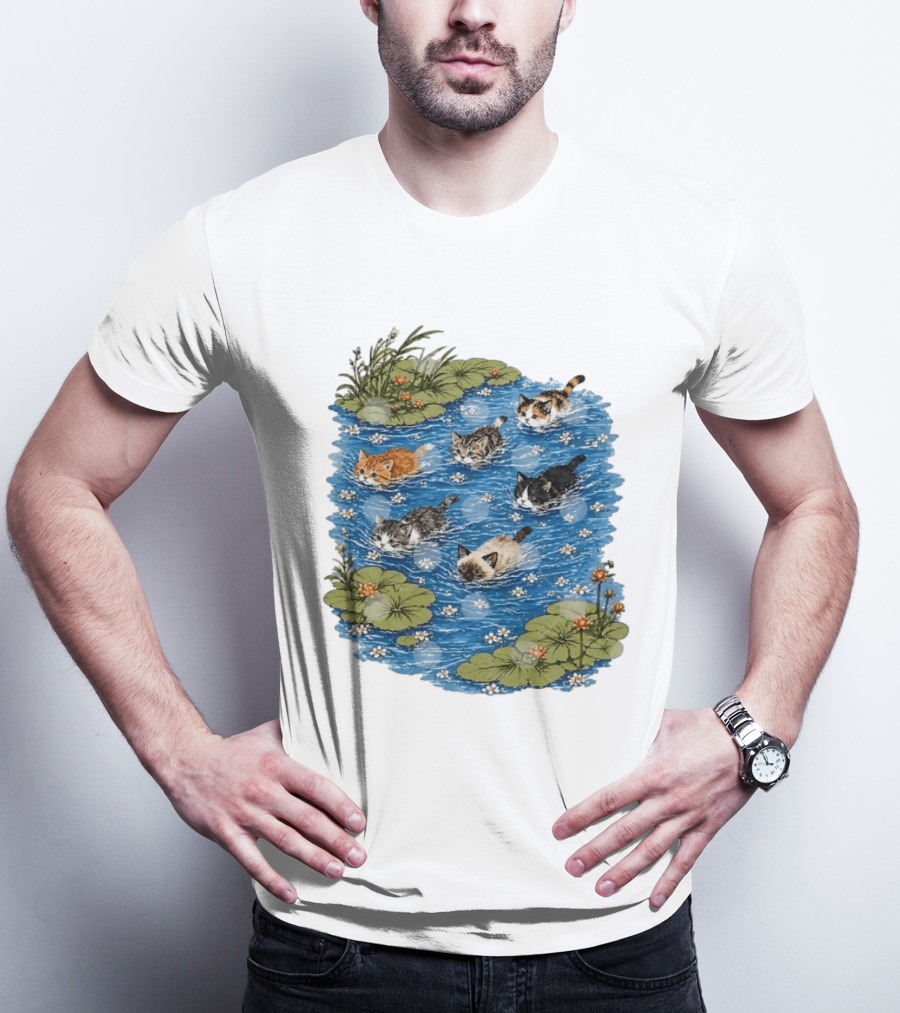 Kittens Swimming Among Water Lilies In Pond Scene T-Shirt