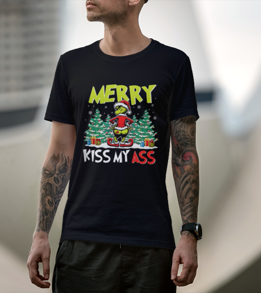Merry Kiss My Ass Grinch Santa Outfit Mooning Christmas Trees And Gifts T-Shirt
