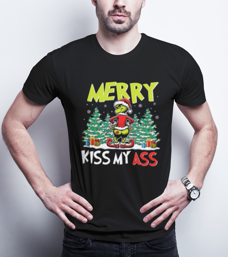 Merry Kiss My Ass Grinch Santa Outfit Mooning Christmas Trees And Gifts T-Shirt